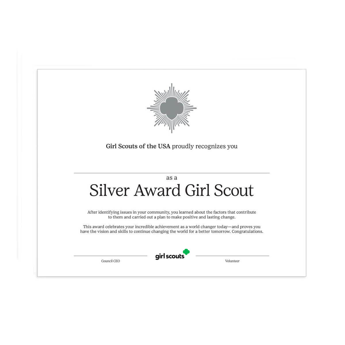 Silver Award Certificate - Digital Download | Girl Scout Shop Silver Award Certificate - Digital Download | Girl Scout Shop
